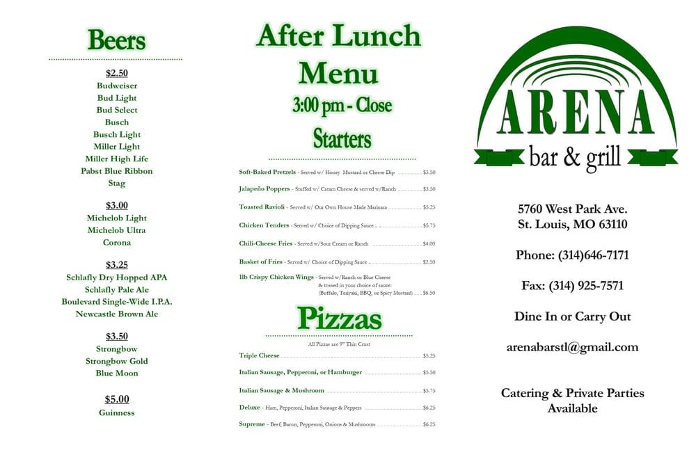 Menu at Arena Bar, St. Louis