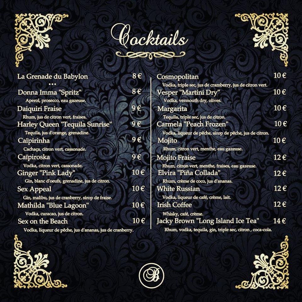 Menu at Babylon Lounge pub & bar, Nice