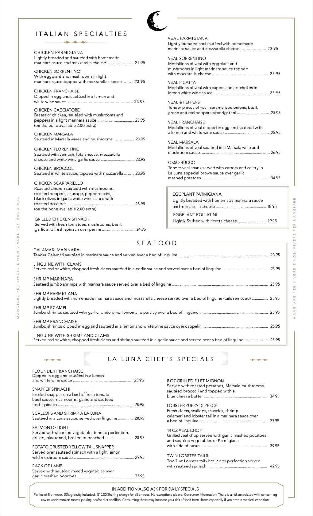 Menu at La Luna Italian Bistro & Bar, Boca Raton