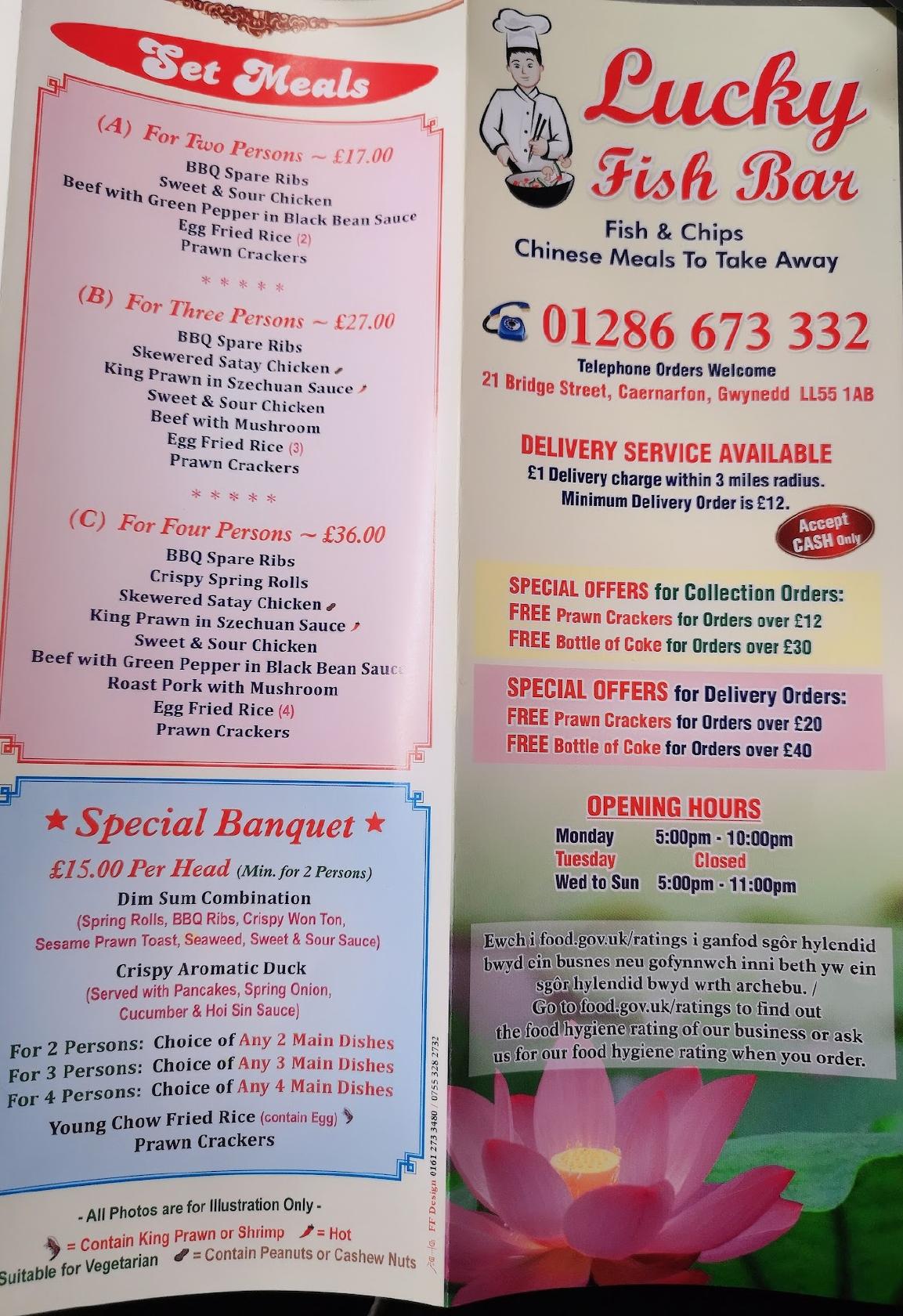 Menu at Lucky Fish Bar, Caernarfon