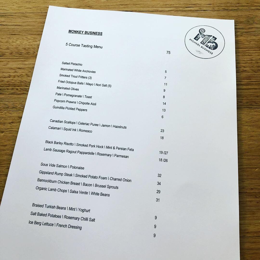 Menu at Monkey Business restaurant, Dromana