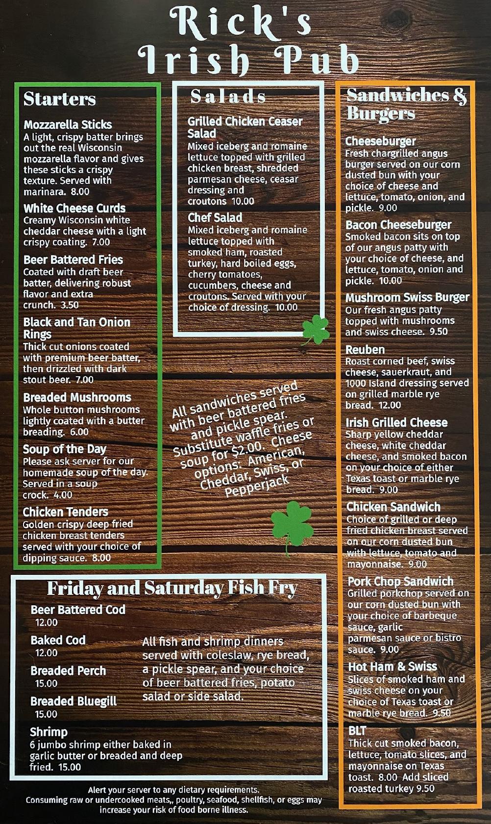 Menu at Rick’s Irish Pub, Redgranite