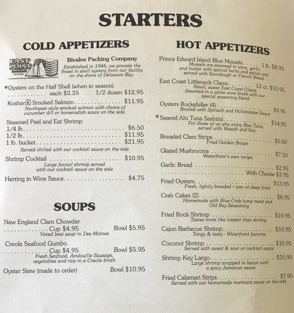 Menu at Waterfront Seafood Market restaurant, West Des Moines ...