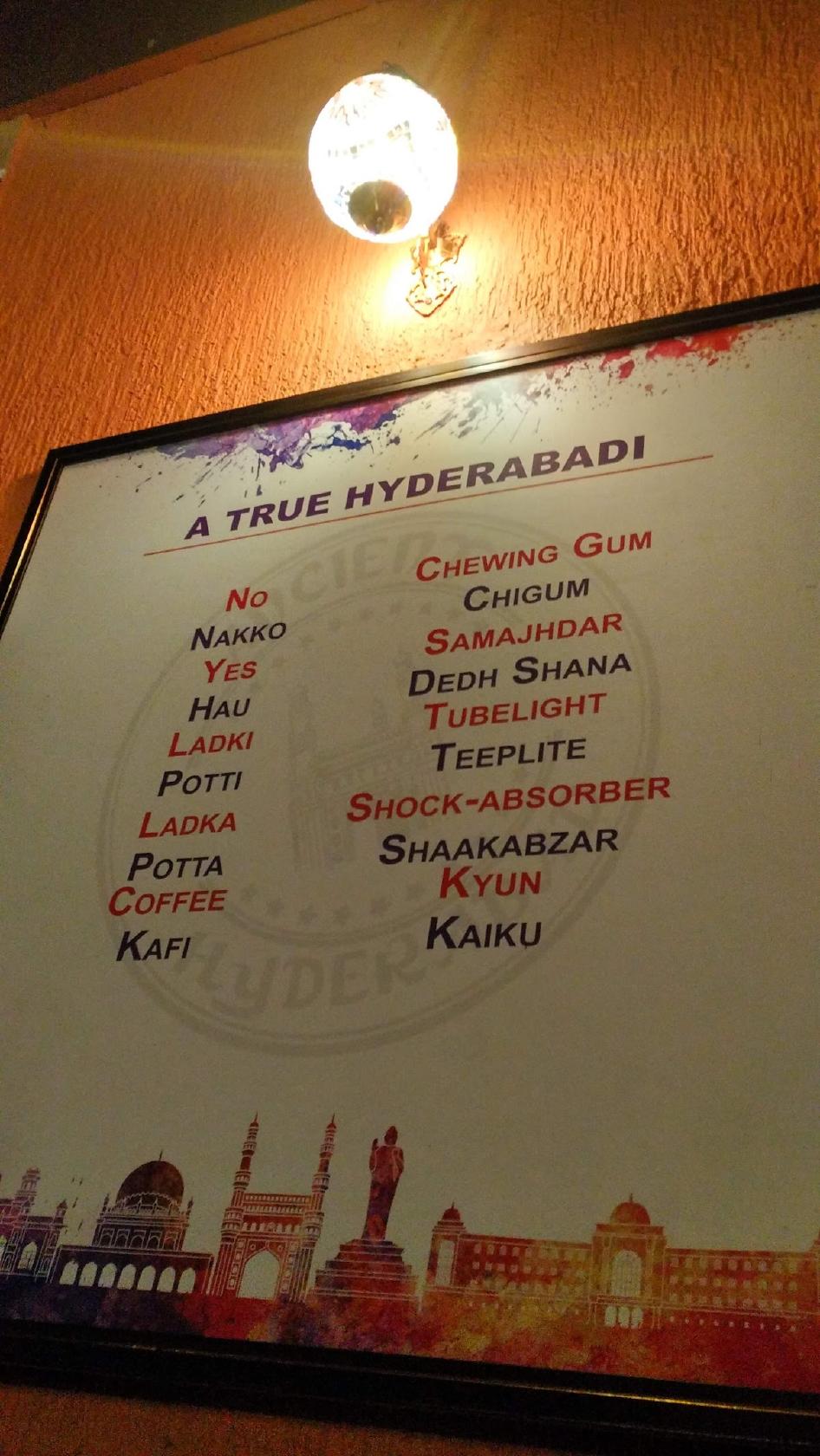 Menu at Ancient Hyderabad, Pune, next to Quadron