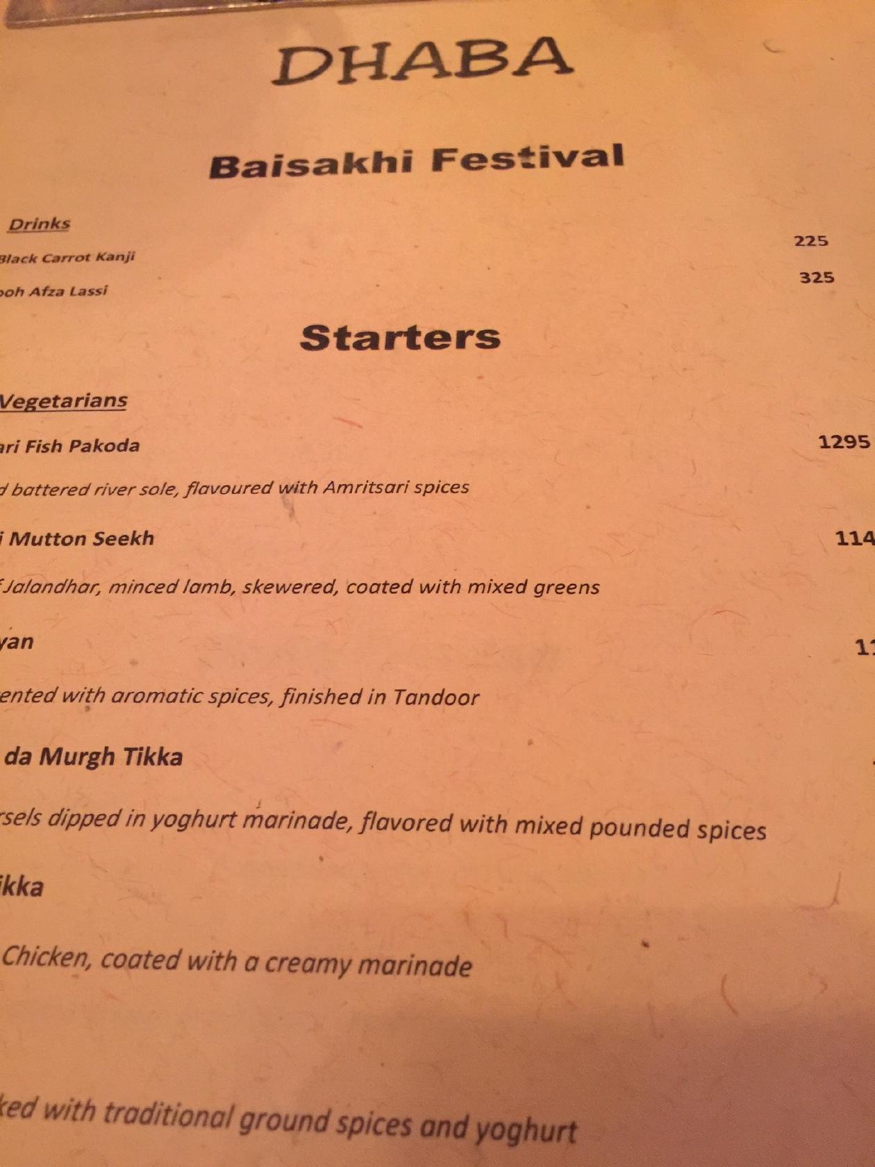 Menu at Dhaba, New Delhi, The Claridges