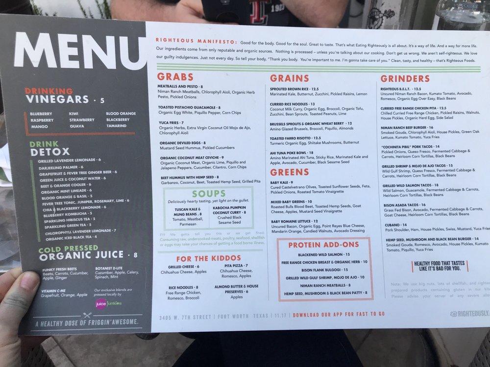 Menu at Righteous Foods cafe, Fort Worth