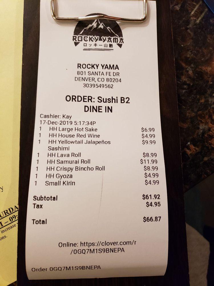 Menu at Rocky Yama Sushi restaurant, Denver