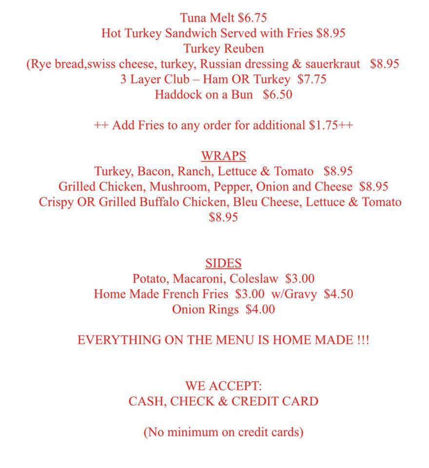 Menu at Sandy's Diner cafe, Oneonta, State Highway 7