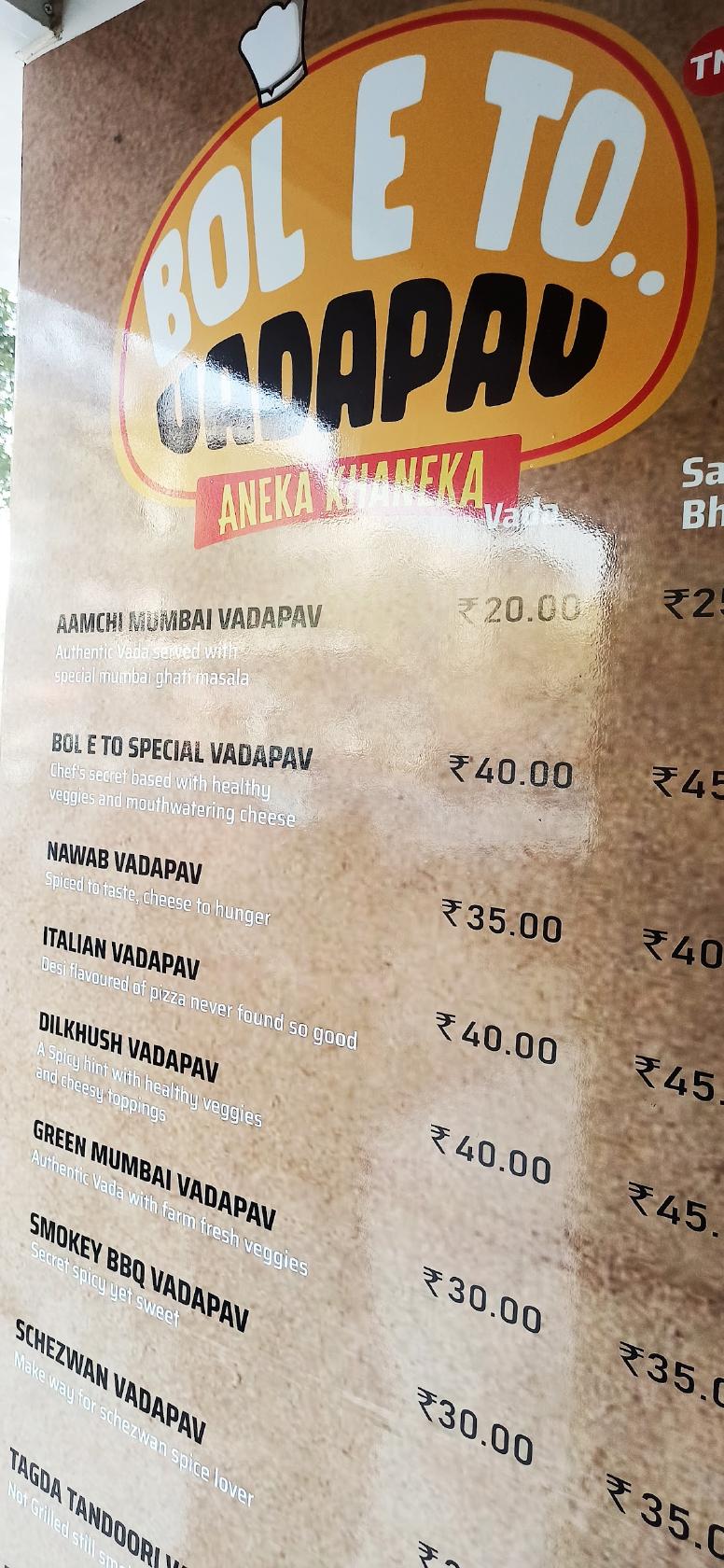Menu at Bole toh Vadapav, Ahmedabad, 2HP4+H2Q