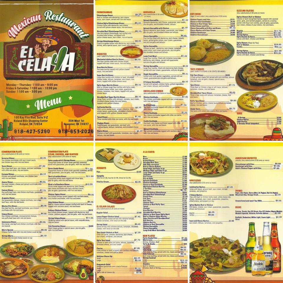 Menu at El Celaya restaurant, Roland, 100 W Ray Fine Blvd