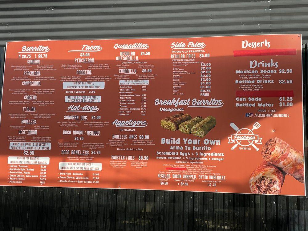 Menu at Percheron Mexican Grill restaurant, Tucson, S 12th Ave