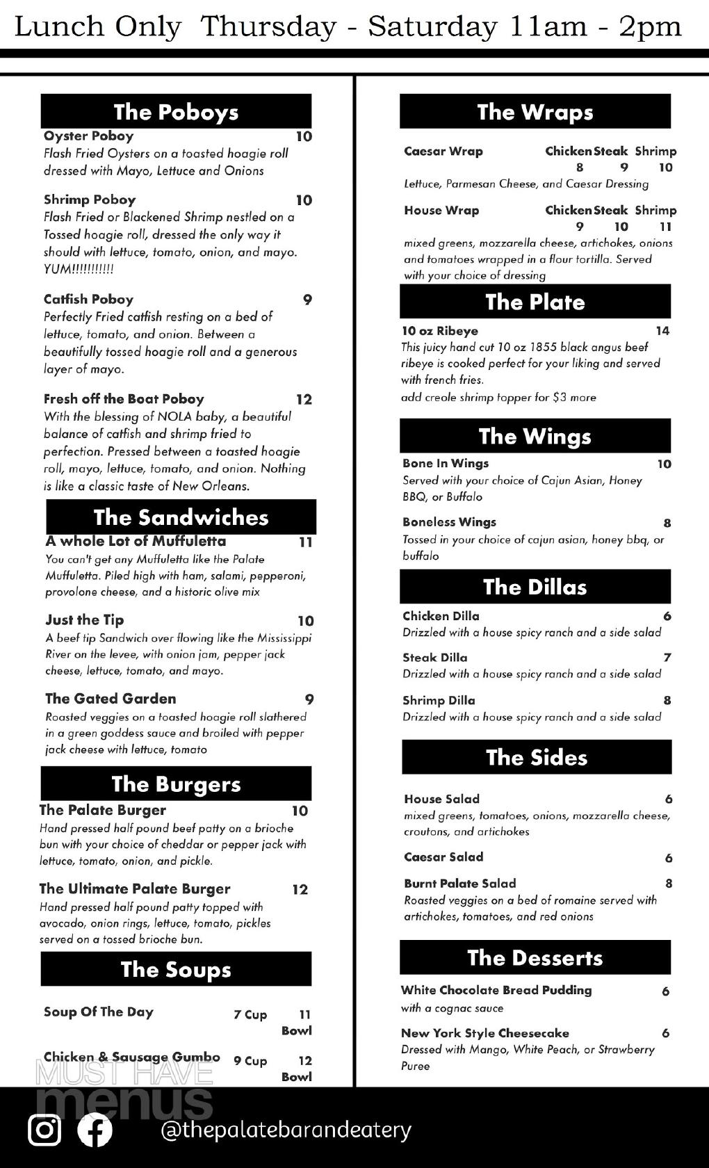Menu at The Palate Bar & Eatery, Baton Rouge