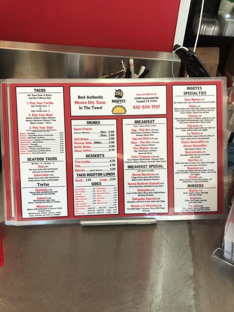 Menu at Bigotes Street Tacos restaurant, The Woodlands, Farm to Market ...