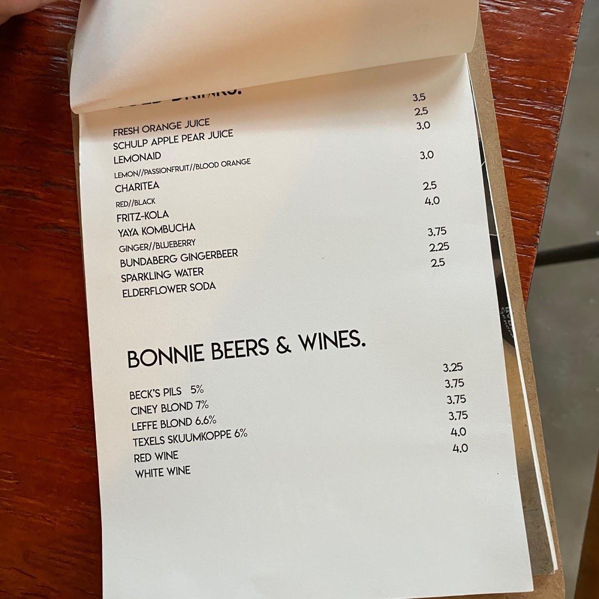 Menu at Bonnie, Arnhem