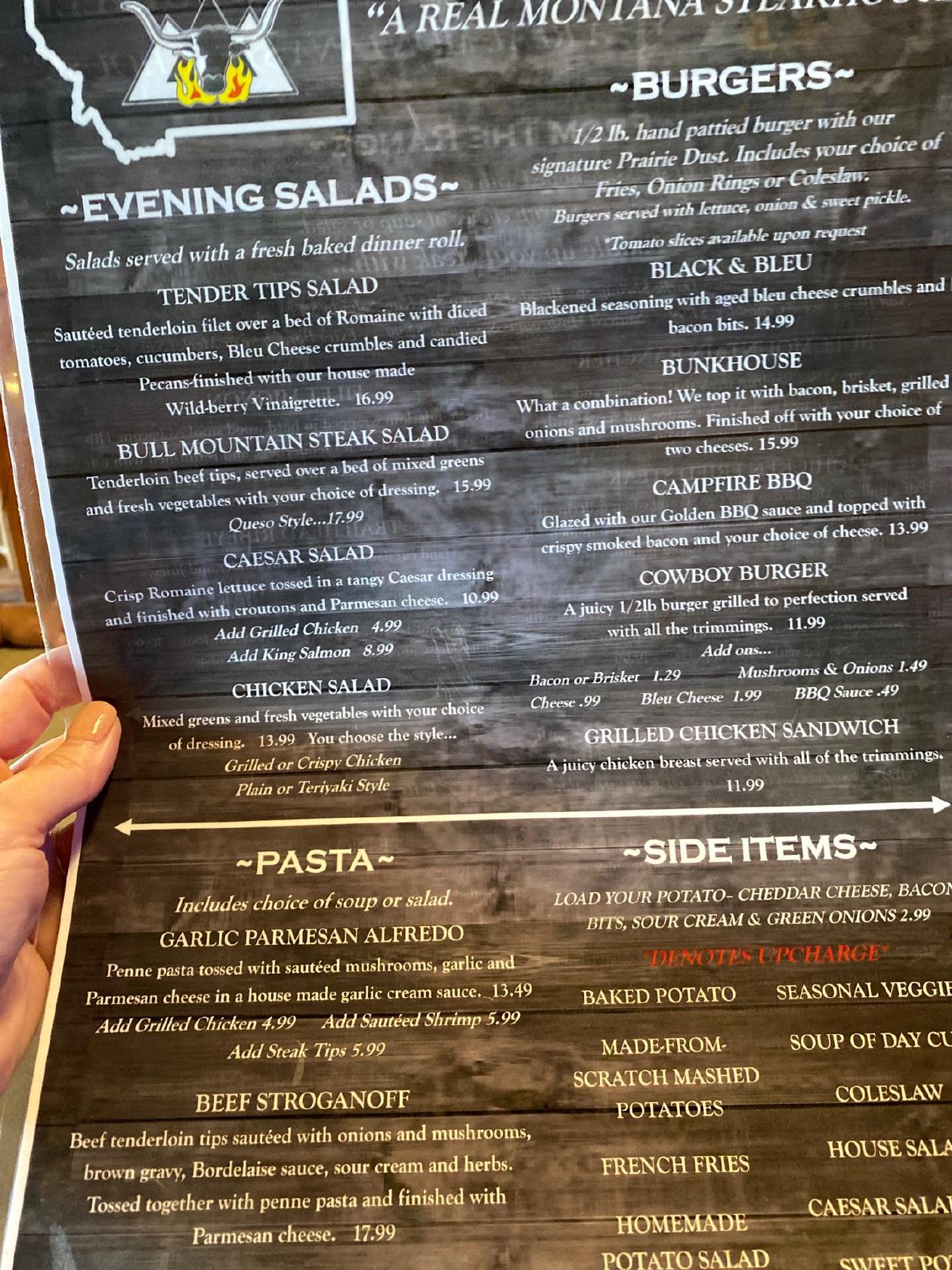 Menu at Bull Mountain Grille steakhouse, Billings