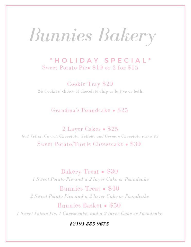 Menu at Bunnies Bakery, USA