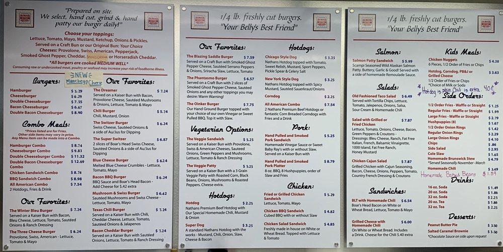 Menu at Burger In the Square cafe, Roanoke, Brambleton Ave