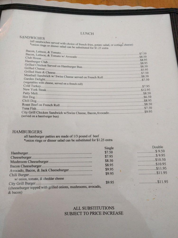 Menu at City Grill restaurant, Pacifica