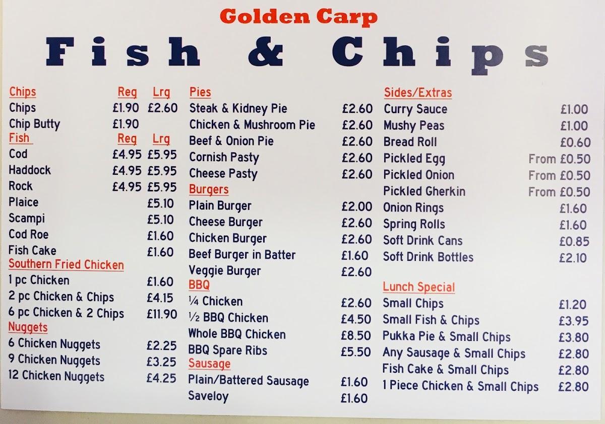 Menu at Golden Carp fast food, London