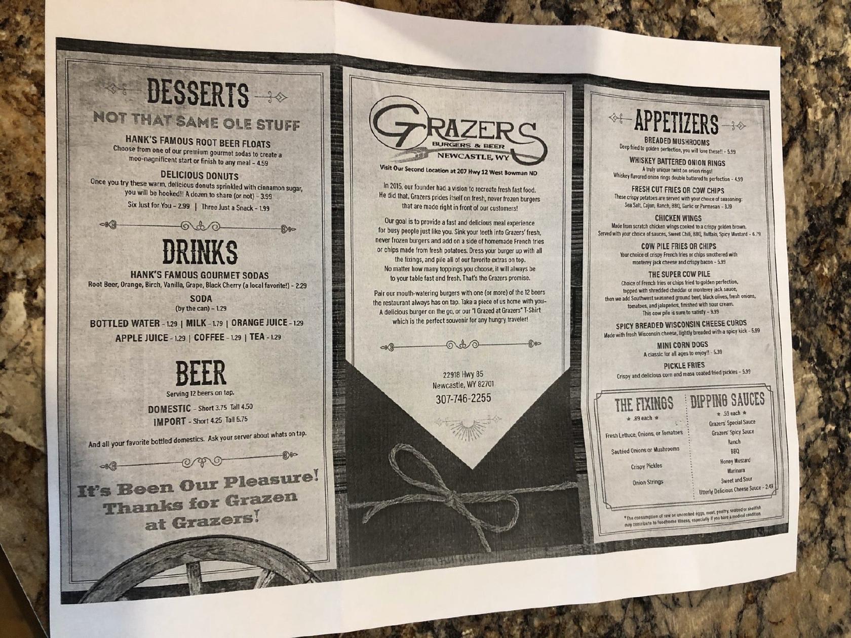 Menu at Grazers Burgers & Beer restaurant, Newcastle