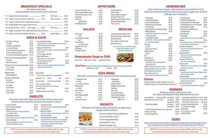 Menu at Lamplighter Cafe, Evart, 313 W 7th St
