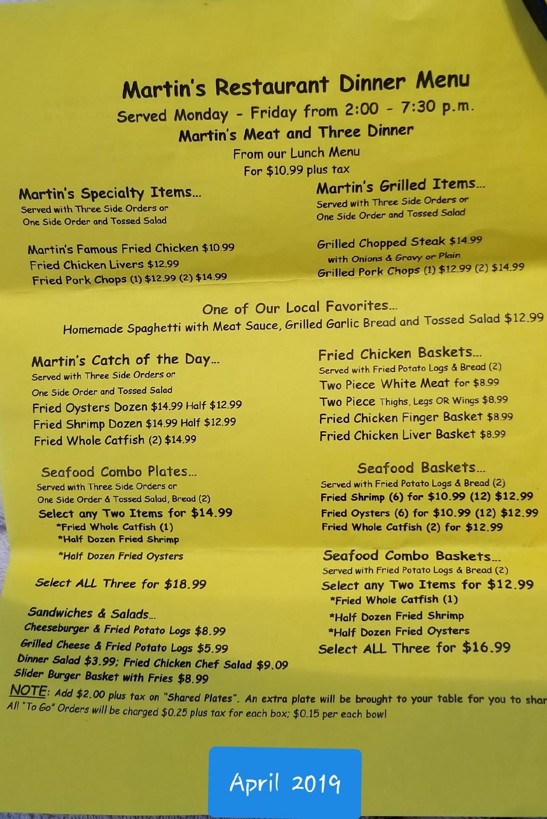 Menu at Martin's Restaurant, Montgomery