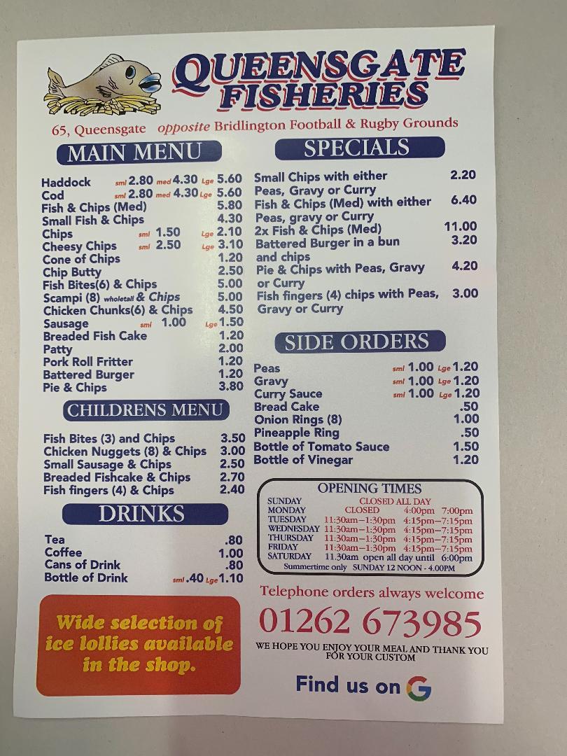 Menu at Queensgate Fisheries fast food, Bridlington