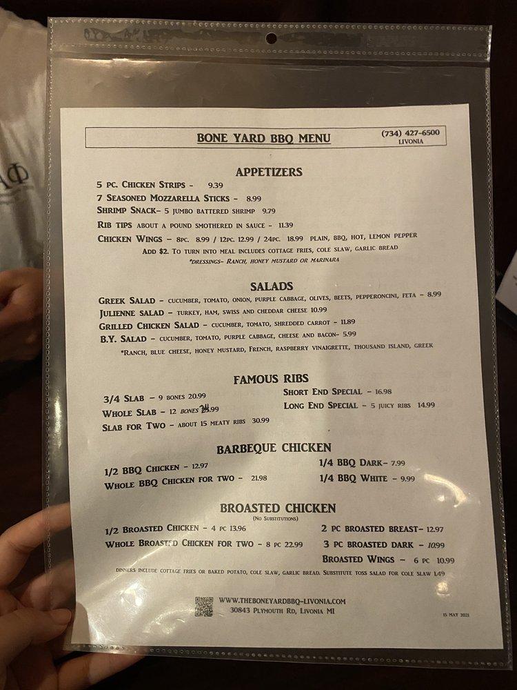 Menu at The Boneyard BBQ Livonia, Livonia