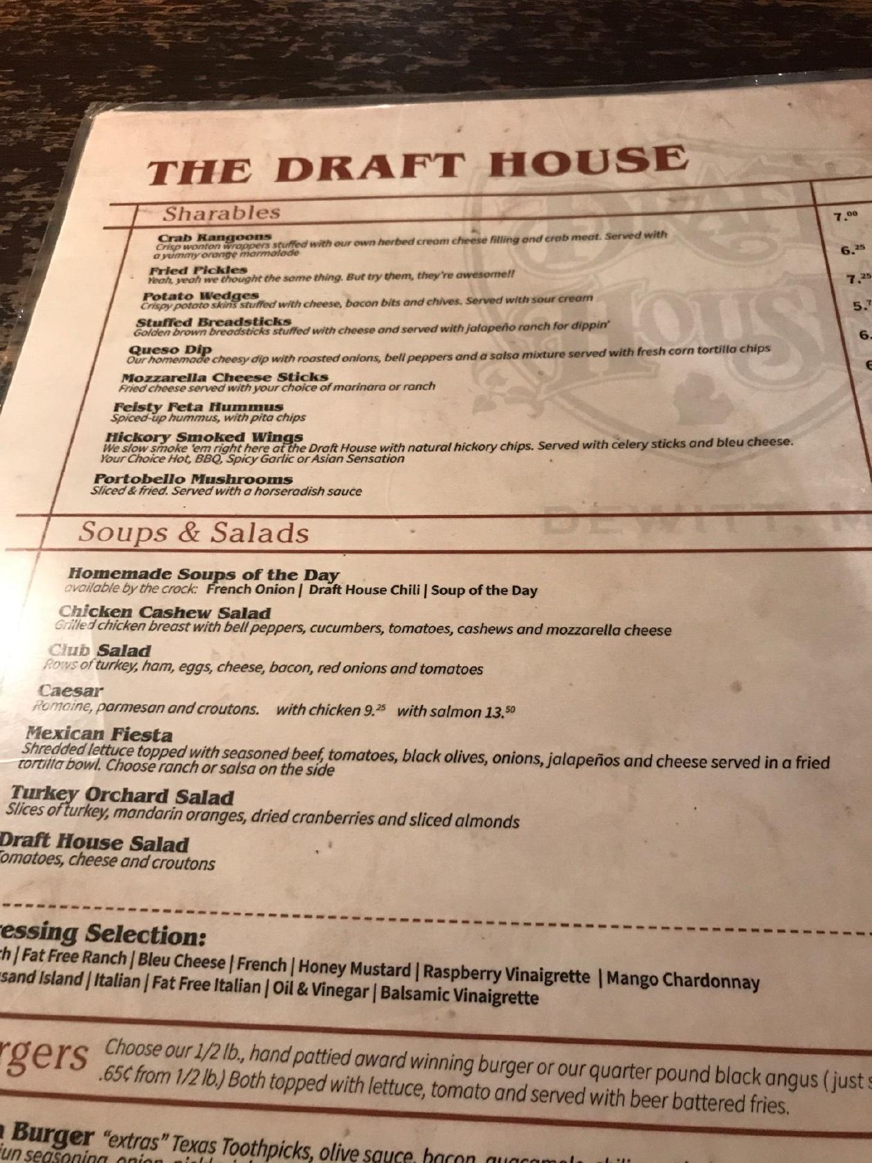 Menu at The Draft House restaurant, DeWitt