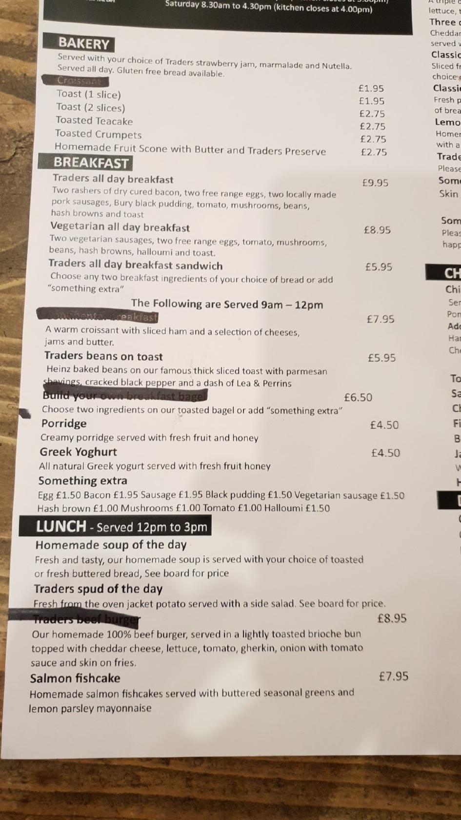 Menu at Traders cafe, Macclesfield