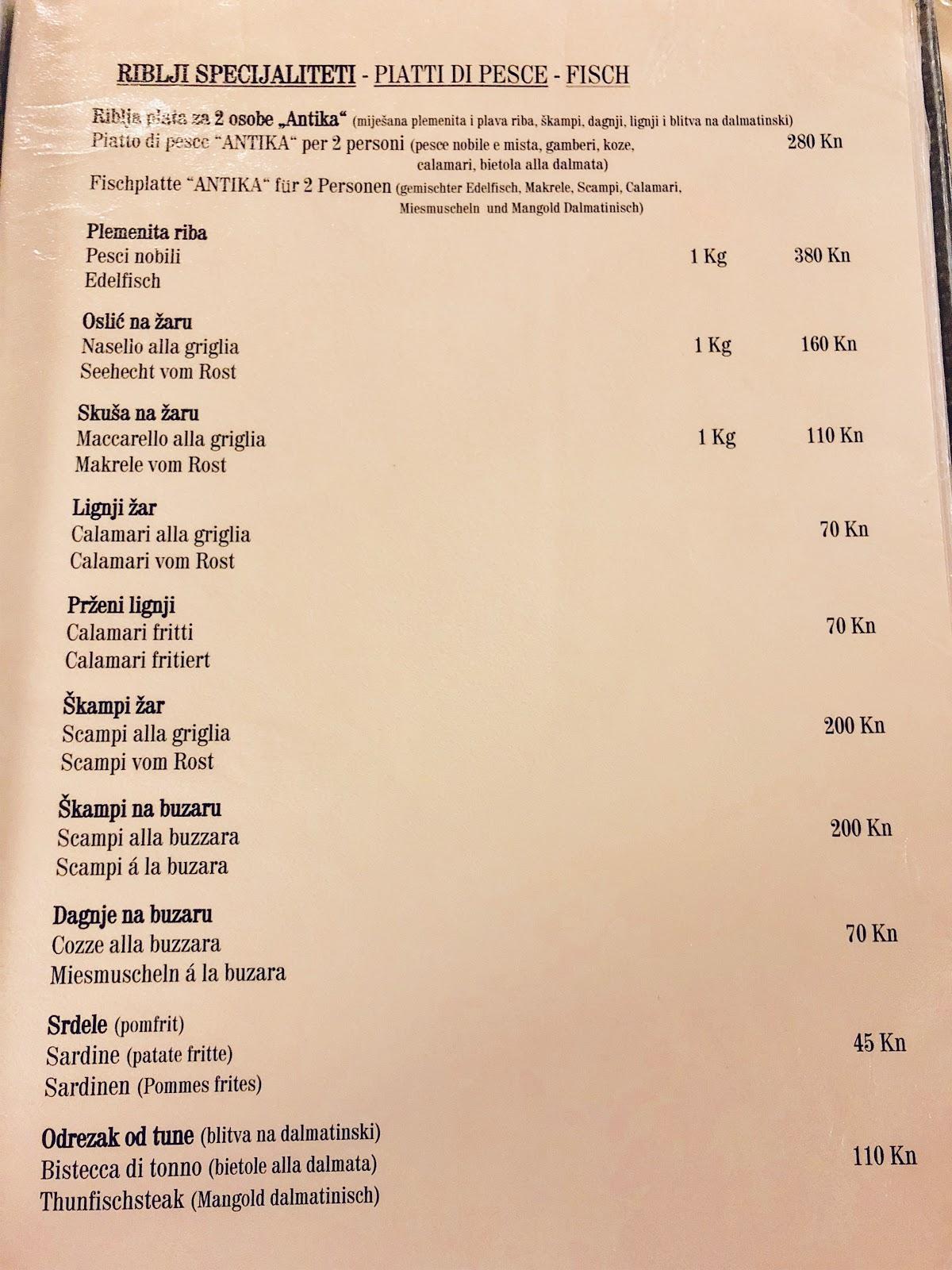 Menu at Antika Restaurant, Novi Vinodolski