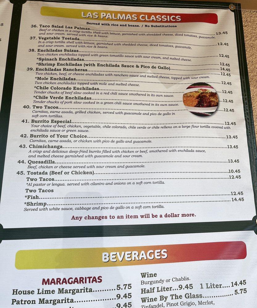 Menu at Las Palmas Mexican Cuisine restaurant, Yucca Valley