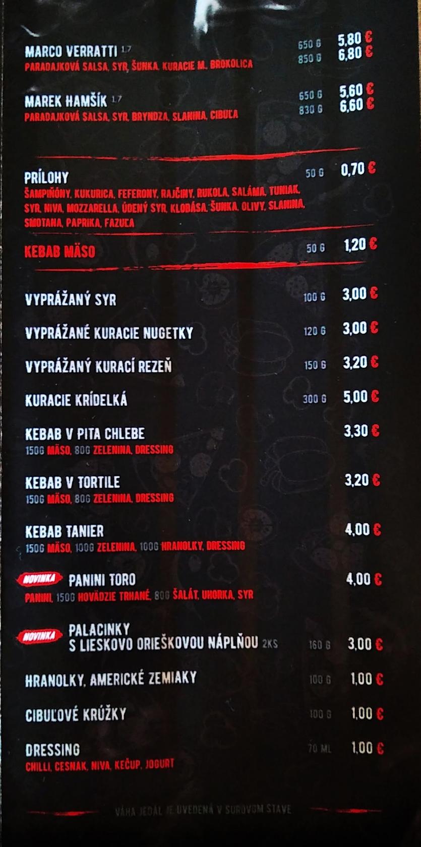 Menu at Pizza Collins restaurant, Dolný Ohaj