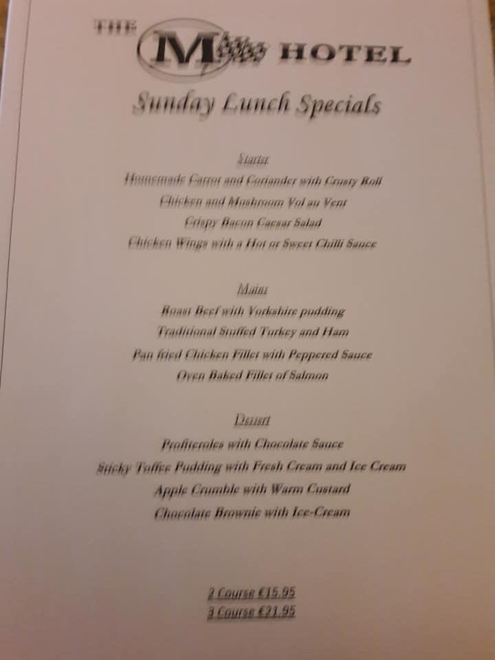Menu at The M Hotel, Ireland