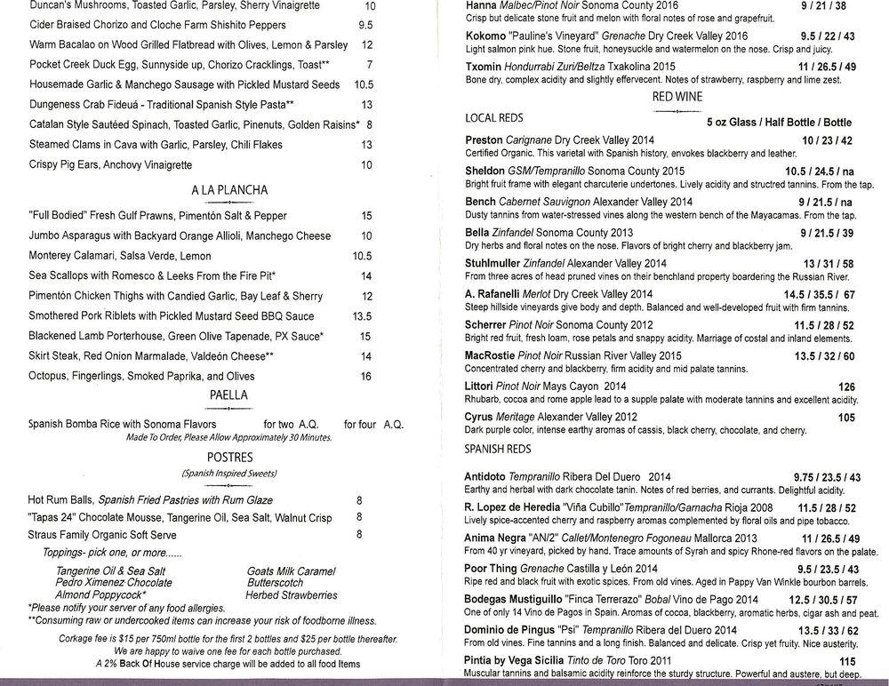 Menu at Bravas Bar de Tapas, Healdsburg
