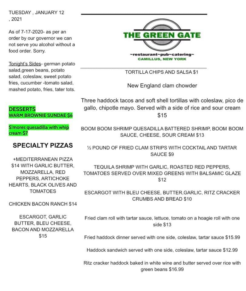 Menu at Green Gate Inn pub & bar, Camillus