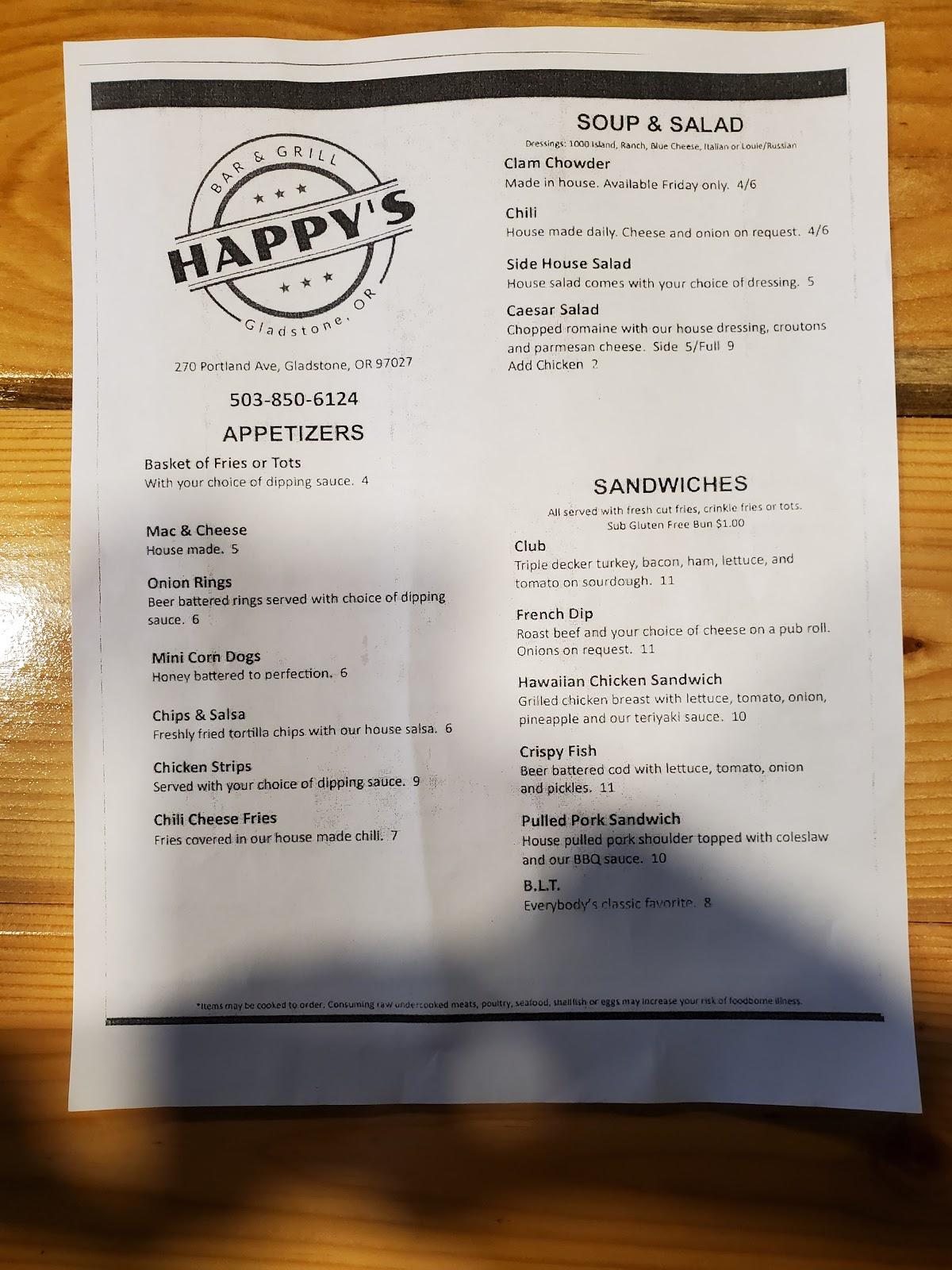 Menu at Happy's Bar and Grill, Gladstone