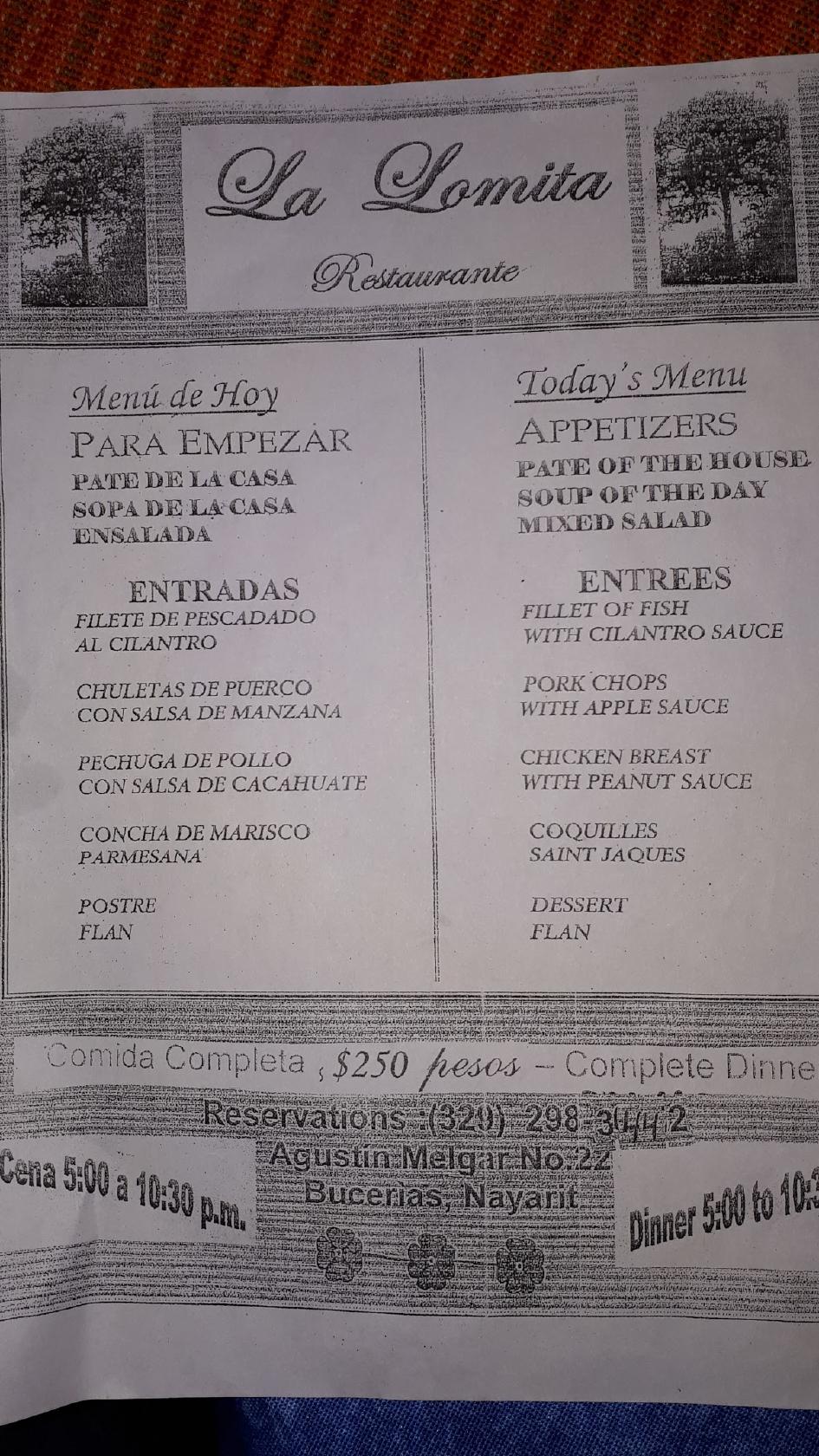 Menu at "LA LOMITA" restaurant, Bucerías