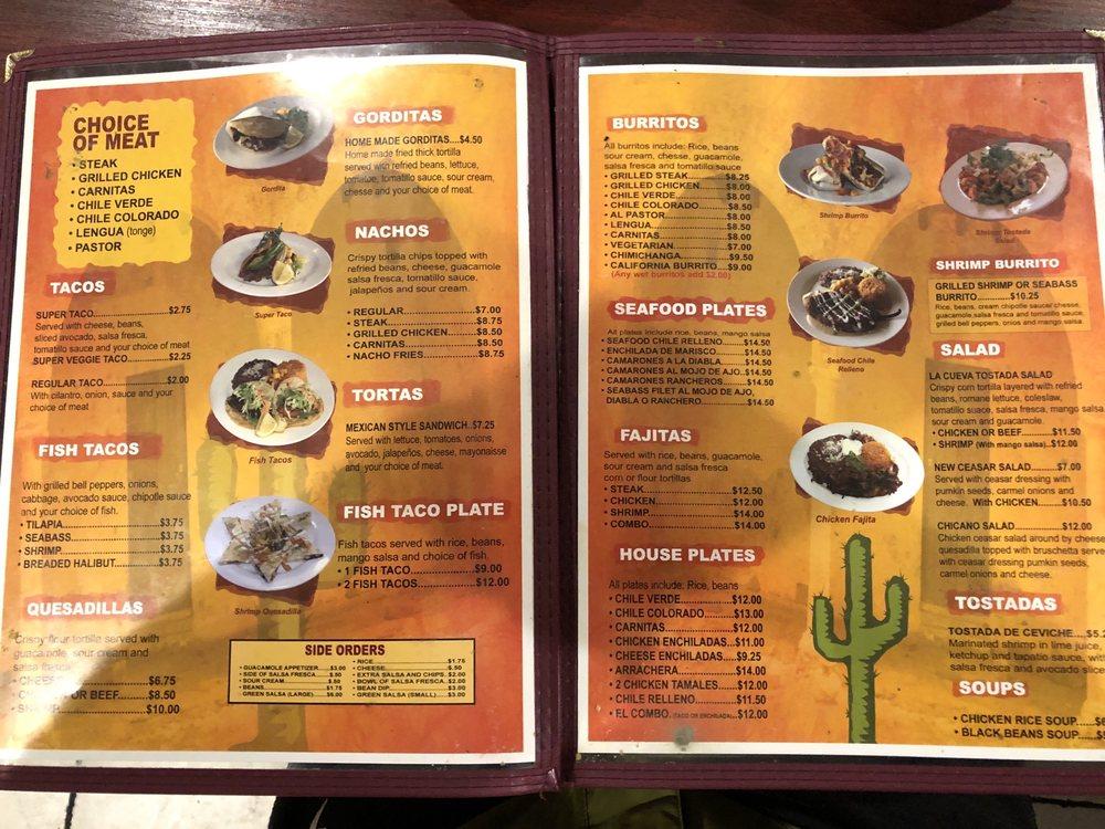 Menu at La Cueva restaurant, Saratoga