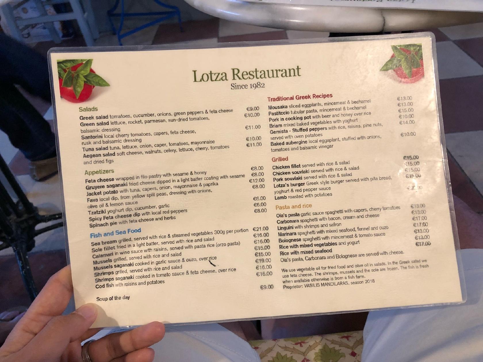 Menu at Lotza, Oia
