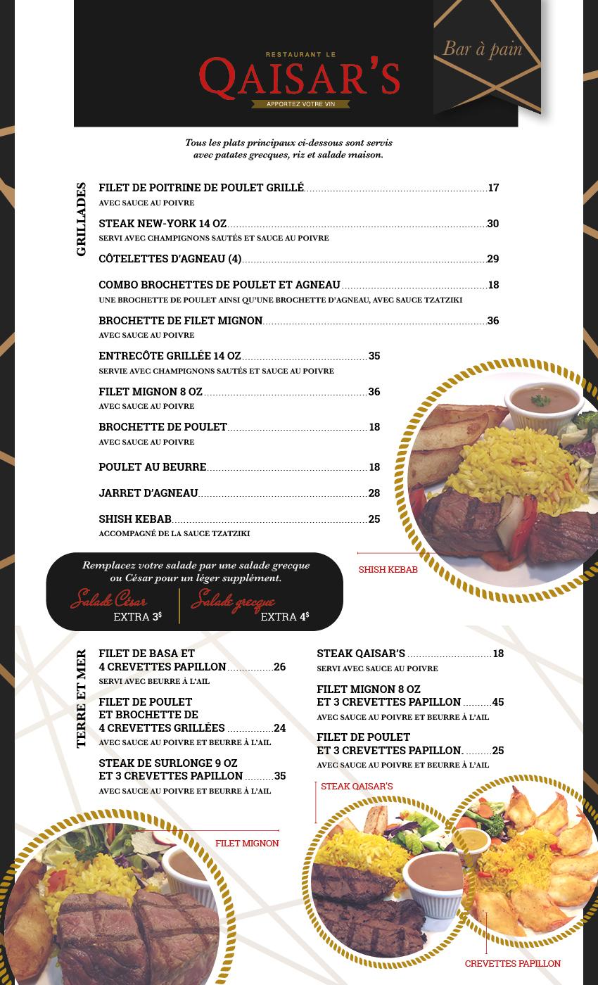 Menu au Restaurant Qaisar's, Saint-Georges