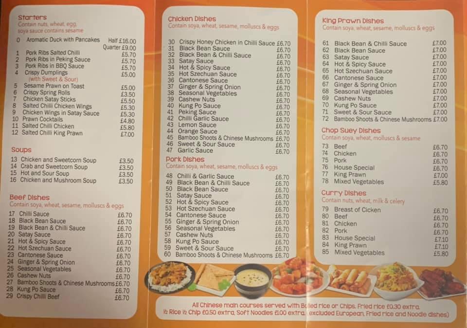 Menu at The Tai Pan fast food, Newry