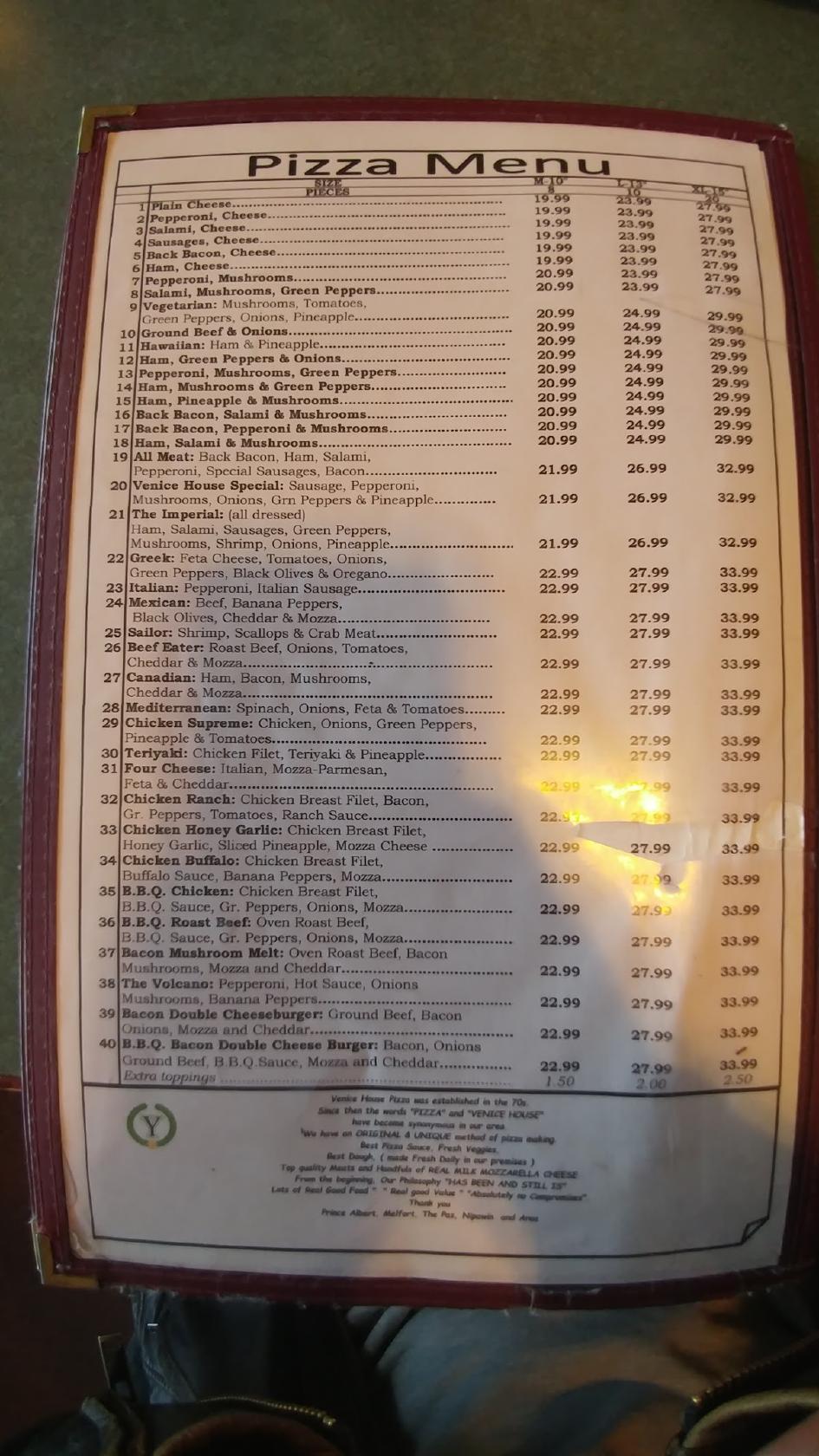 Menu at Venice House Pizza / Murphy's Pub, Melfort, 620 Saskatchewan Ave E