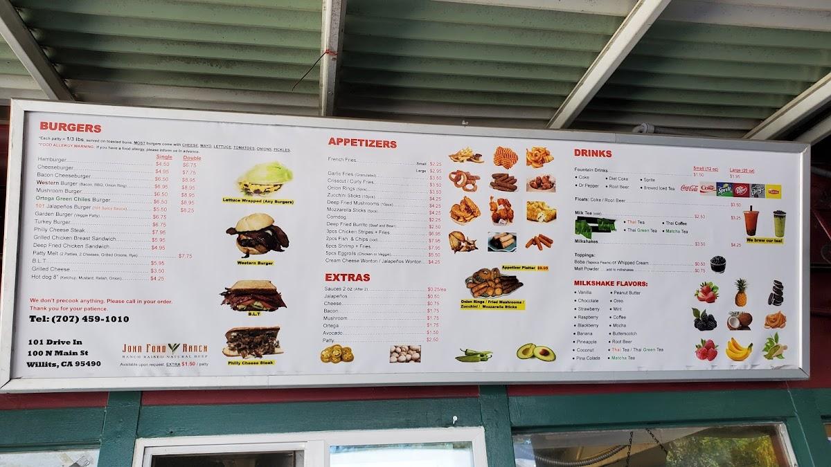 Menu at 101 Drive-In restaurant, Willits