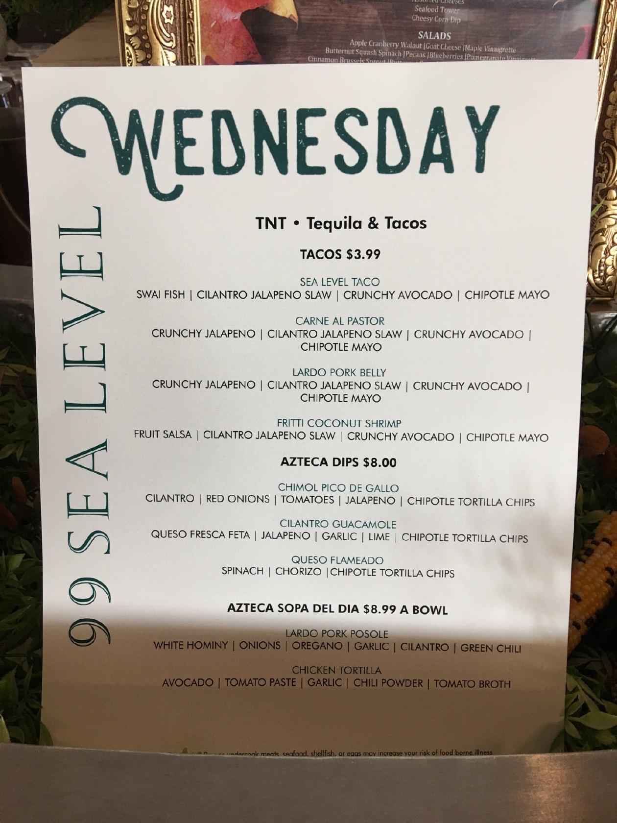 Menu at 99 Sea Level pub & bar, Bethany Beach