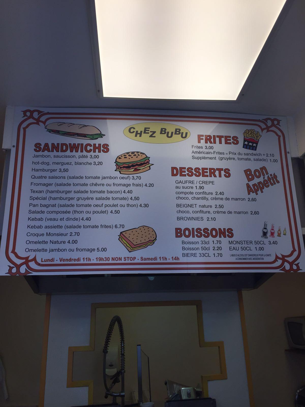 Menu at Chez Bubu fast food, Toul, 7 Rue Thiers