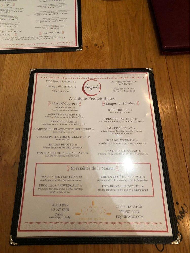 Menu at Chez Moi restaurant, Chicago