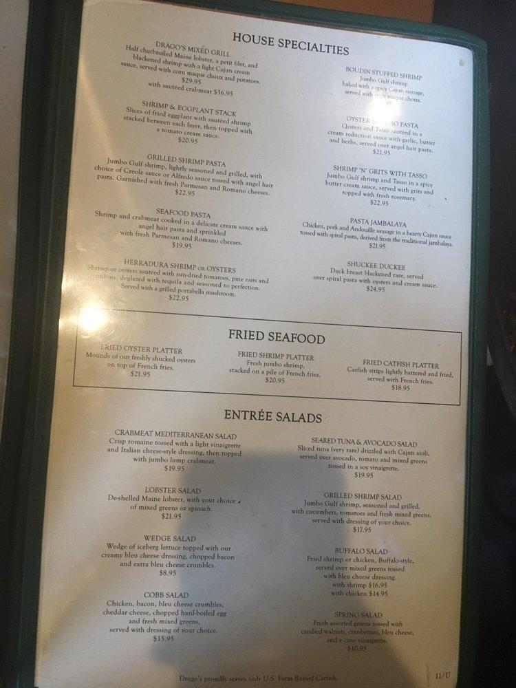 Menu at Drago's Seafood Restaurant - Hilton New Orleans Riverside, New ...