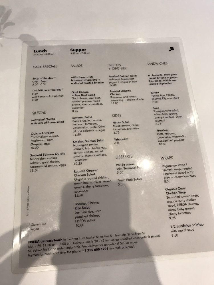 Menu at FRIEDA cafe, Philadelphia