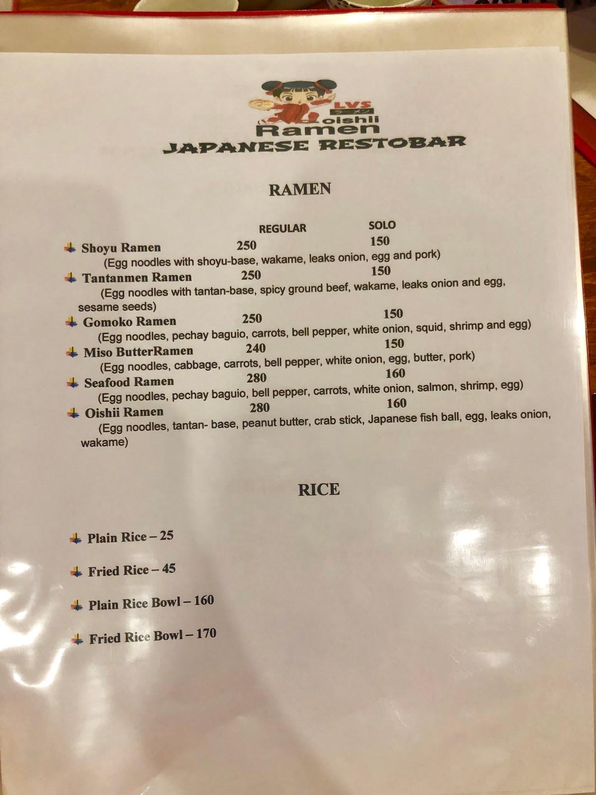 Menu at LVS Oishii Ramen Japanese Restobar, Bacolod